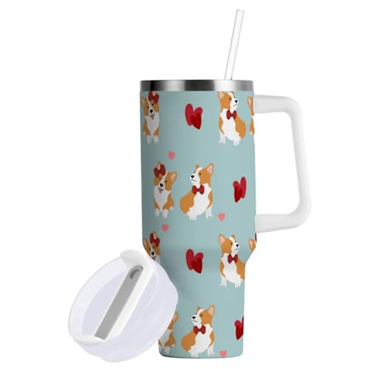 MCHIVER Corgis Dog Hearts 40 oz Tumbler with Handle and Straw Stainless Steel Vacuum Water Bottle Leak-proof Travel Coffee Mug Insulated Cup for Home Office Car