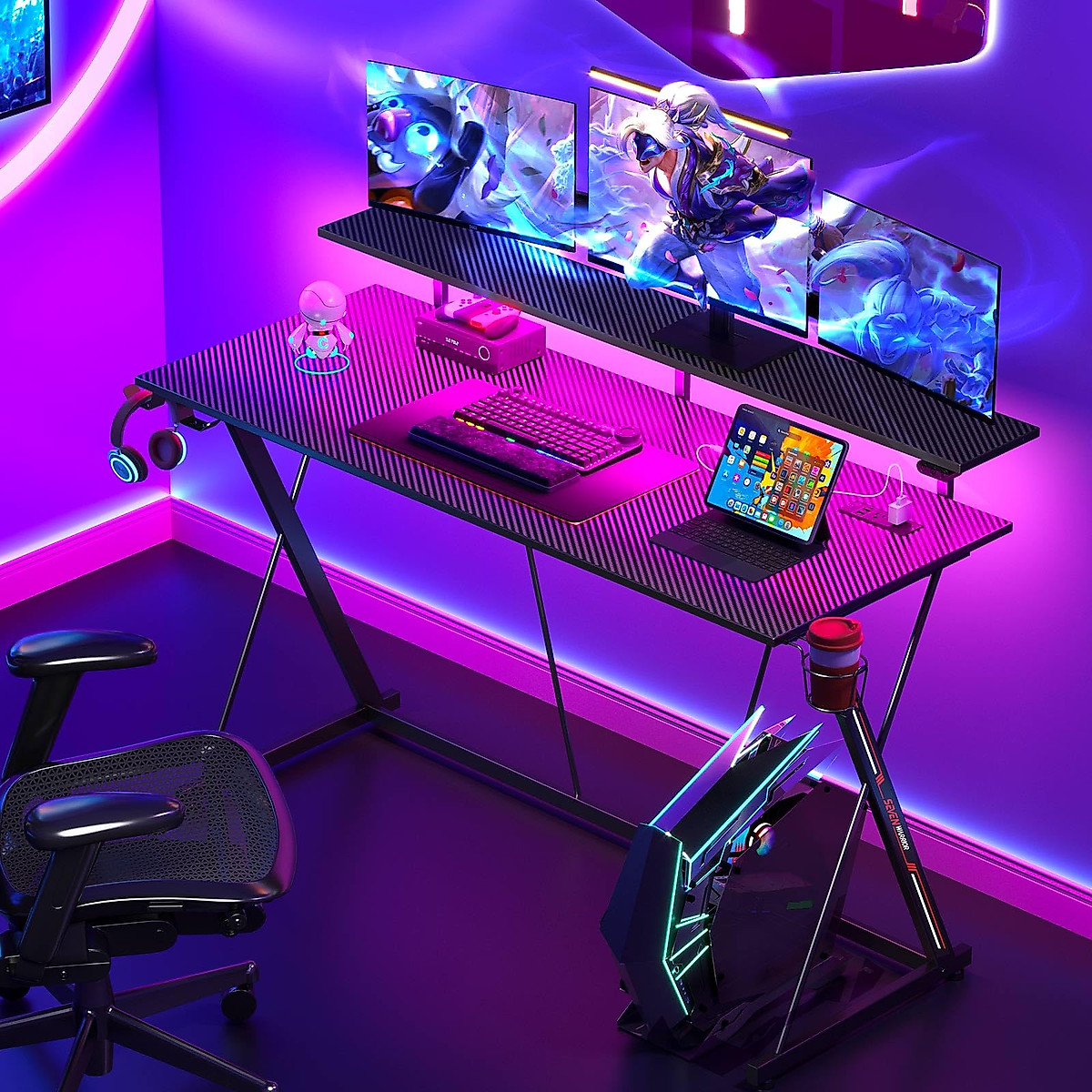 SEVEN WARRIOR Gaming Desk with LED Lights & Power Outlets, 47" Computer Desk with Monitor Shelf, Home Office Desk with Cup Holder and Headphone Hook, Ergonomic, Carbon Fiber Surface Black