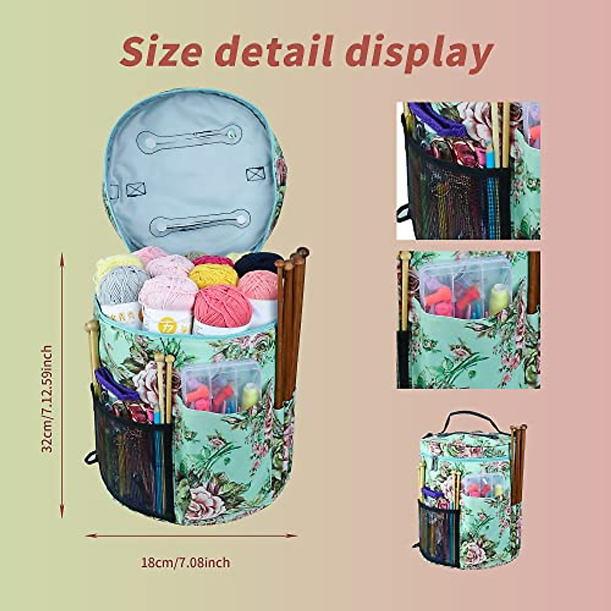 Large Capacity/Portable/Lightweight Yarn Storage Knitting Tote Organizer Bag with Shoulder Strap Handles Looen W/Pockets for Crochet Hooks & Knitting Needles … (Peony Flower)