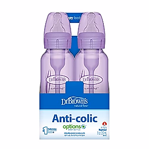 Dr. Brown’s Natural Flow® Anti-Colic Options+™ Narrow Baby Bottles, 8 oz/250ml, with Level 1 Slow Flow Nipple, 4 Pack, Purple/Clear