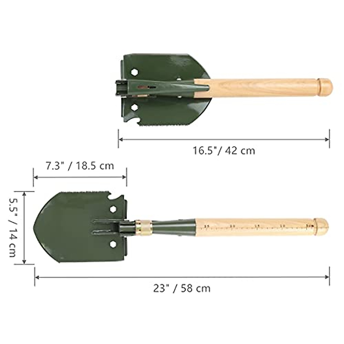 Mastiff Gears ® Wooden Handle Folding Survival Shovel w/Pick - Heavy Duty Carbon Steel Military Style Entrenching Tool for Off Road, Camping, Gardening, Beach, Digging Dirt, Sand, Mud & Snow