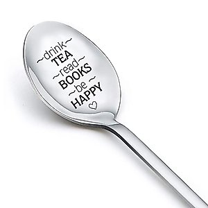 Tea Book Lovers Gifts Spoon for Women Men Drink Tea Read Books Be Happy Spoons for Tea Lover Book Reader Friendship Gifts for Girls Boys Graduation Birthday Gift for Family Student Friend Teaspoon