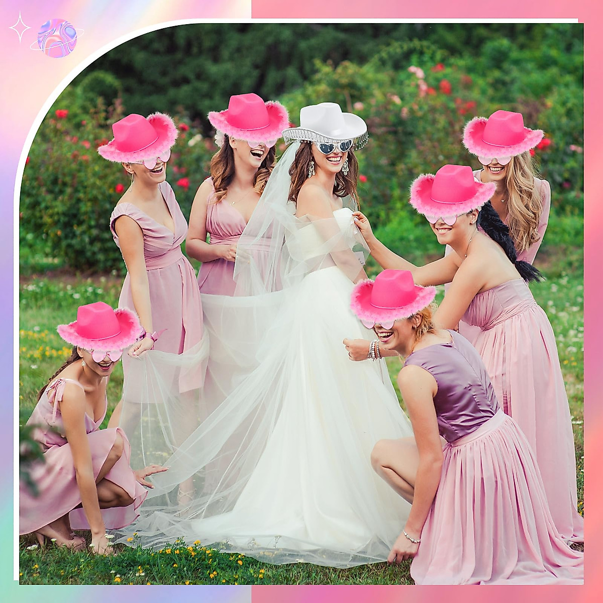 Panitay 14 Pcs Bridal Cowgirl Party Set Bachelorette Feather Cowgirl Cowboy Hat Heart Shaped Sunglasses Fringes Hat Bride Cowboy Hat for Women Wedding Bachelorette Birthday Costume Party Last Disco