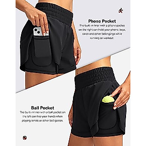 Soothfeel Women's 2 in 1 Running Shorts High Waisted Athletic Shorts Exercise Gym Workout Shorts for Women with Pockets Black