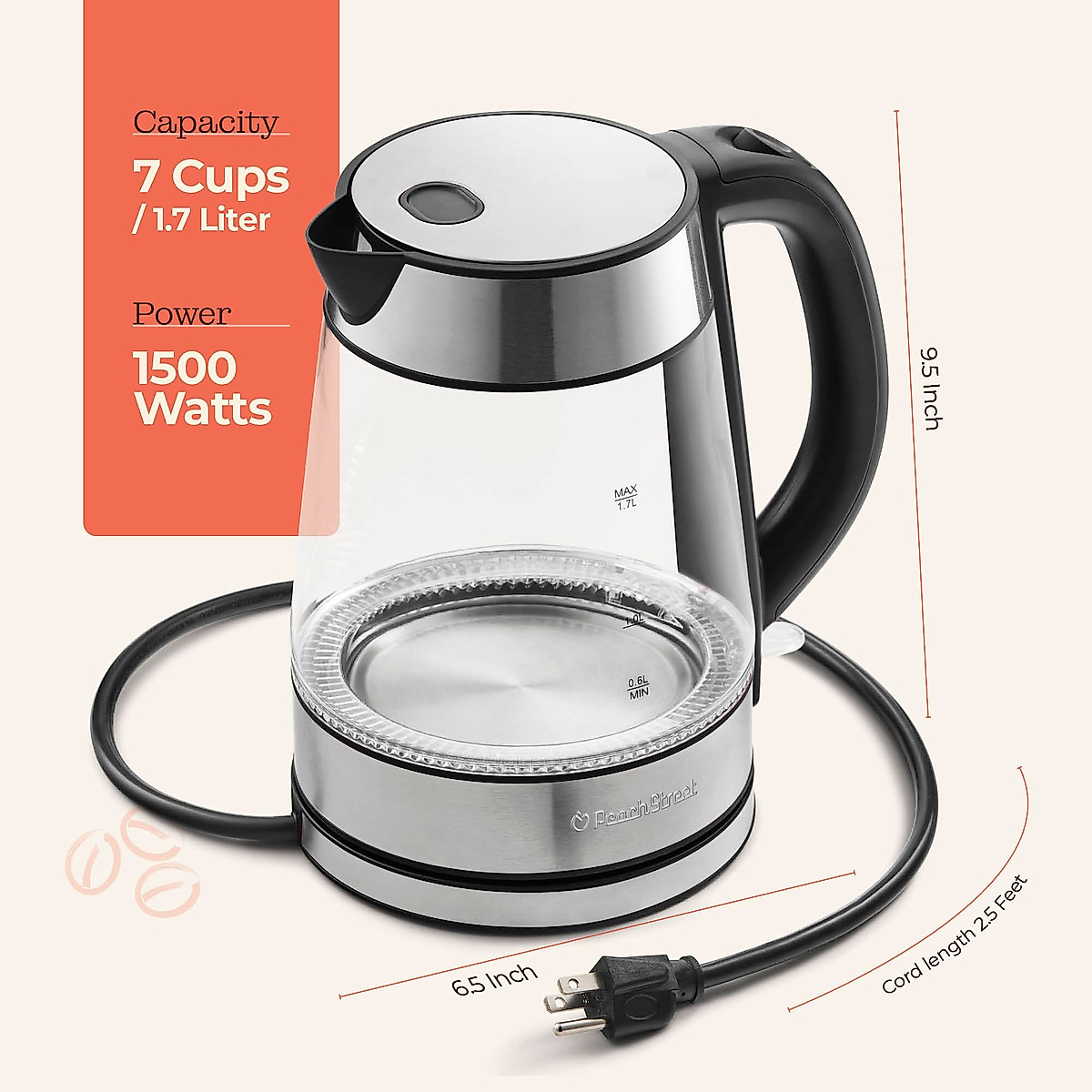 Speed-Boil Water Electric Kettle, 1.7L 1500W, Coffee & Tea Kettle Borosilicate Glass, Wide Opening, Auto Shut-Off, Cool Touch Handle, LED Light. 360° Rotation, Boil Dry Protection