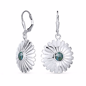 Native American South Western Concho Carved Petal Flower Blossom Blue Turquoise Lever Back Dangle Earrings Women .925 Sterling Silver