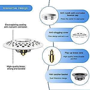 FALALA Universal Bathtub Stopper with Drain Hair Catcher, Upgraded Tub Stopper with Dual Filtration Design, Pop Up Bathtub Drain Plug for 1.6"-2.0" Drain Hole