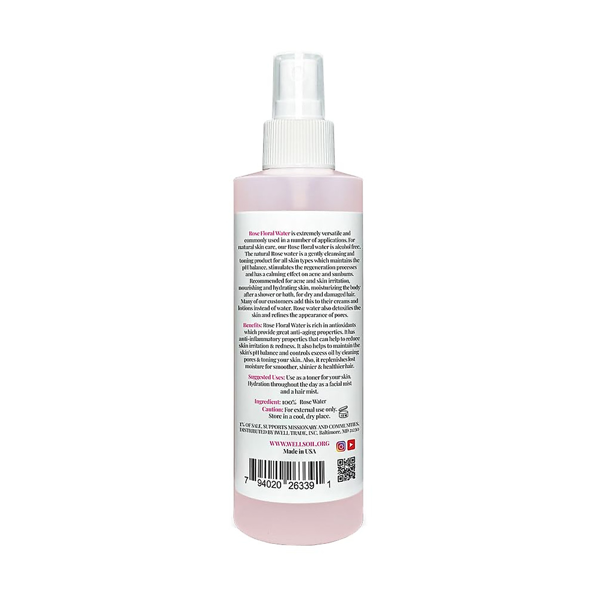 Well's Oil Rosewater Mist Spray (8 Fl oz) – Hydrates, Soothes & Refreshes | 100% Natural | No Chemical | for All Skin and Hair Types