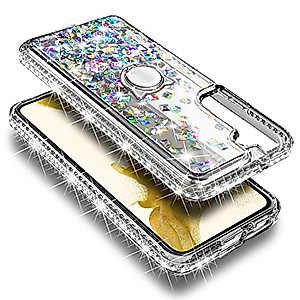 NGB Supremacy Compatible with Samsung Galaxy S23 Plus Case (6.6 Inch) with Tempered Glass Screen Protector, Ring Holder/Wrist Strap, Girls Women Bling Liquid Floating Glitter Cute Case (Gem)