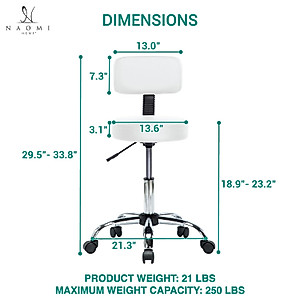 Naomi Home Mara Adjustable Stool with Wheels and Backrest, Office Rolling Stools with Wheels, PU Leather Drafting Stools,Swivel Stool with Back Rest, Small Rolling Chair, White