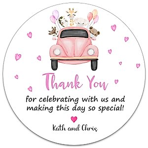 Baby Shower Favors Custom Stickers - Set of 36 Personalized Baby Shower Thank You Gifts Self Adhesive Flat Sheet 2 Inch Round Labels for Drive by Blue Baby Boy Shower Favors Theme (Pink)