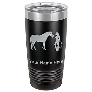 LaserGram 20oz Vacuum Insulated Tumbler Mug, Horse and Cowgirl, Personalized Engraving Included (Black)