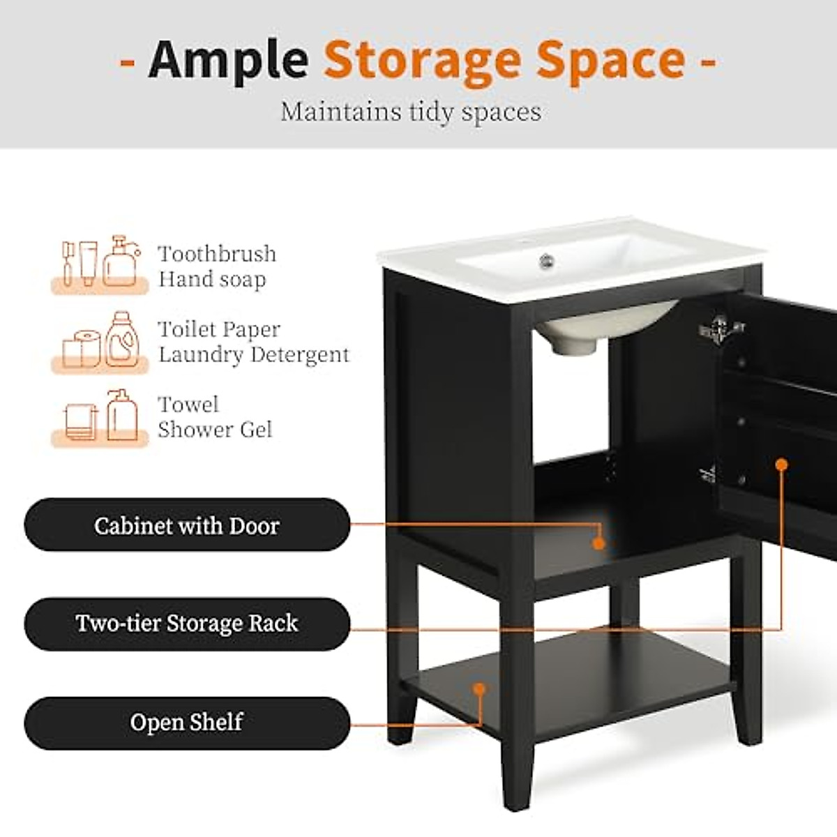 20" Bathroom Vanity Cabinet with Ceramic Sink Top Set, Freestanding, Two-Tier Storage Rack, Soft Closing Door, Black