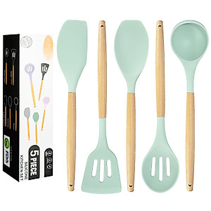 Kitchen Utensils Set, 5 Pcs Non-Stick Silicone Kitchen Cooking Utensils with Wooden Handle, Kitchen Spatula Cookware Utensils Set, Heat Resistant Silicone Kitchen Gadgets (Light Green)