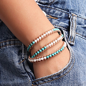 KELITCH Shell Created-Turquoise Beaded Bracelets Handmade Leather 3 Wrap Bracelets Chic Bangle Jewelry
