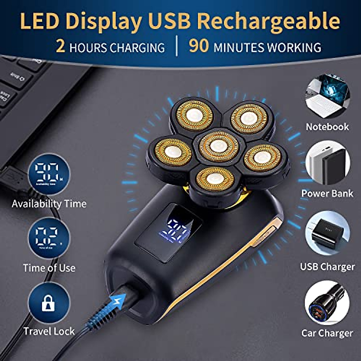 VOTMONI Head Shavers for Men 6D Electric Rotary Shaver Multifunctional Mens Bald Head Shaver Cordless Electric Razor for Men Waterproof Head Shaver Rechargeable Razors for Balding Man