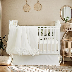 Brandream Gender Neutral Boho Bohemian Baby Girl Boy Nursery Crib Bedding Set 3 Pieces Solid White Farmhouse Chic Unisex Minimalist Tassel Fringe Macrame Cozy 100% Washed Cotton