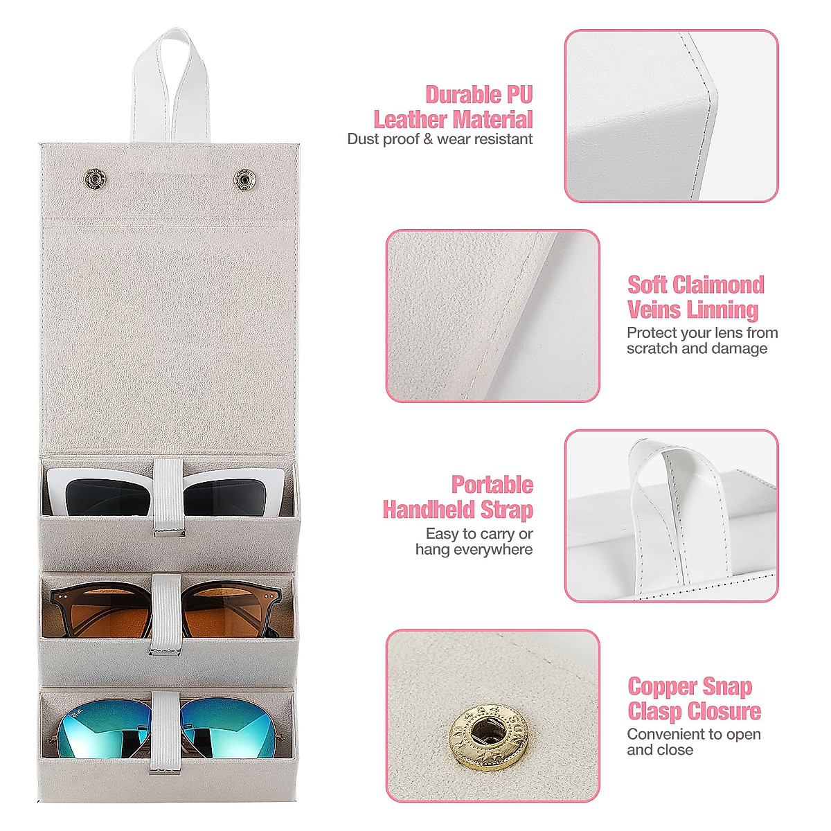 MoKo Sunglasses Organizer with 3 Slots, Foldable Travel Glasses Storage Case Holder Eyewear Display Box, White + Beige
