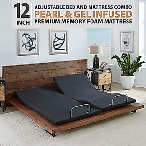 Blissful Nights Ananda 12" Pearl and Cool Gel Infused Memory Foam Mattress with Premium Adjustable Bed Frame Combo, Head Tilt, Massage, USB, Zero Gravity,Anti-Snore … (Split King)