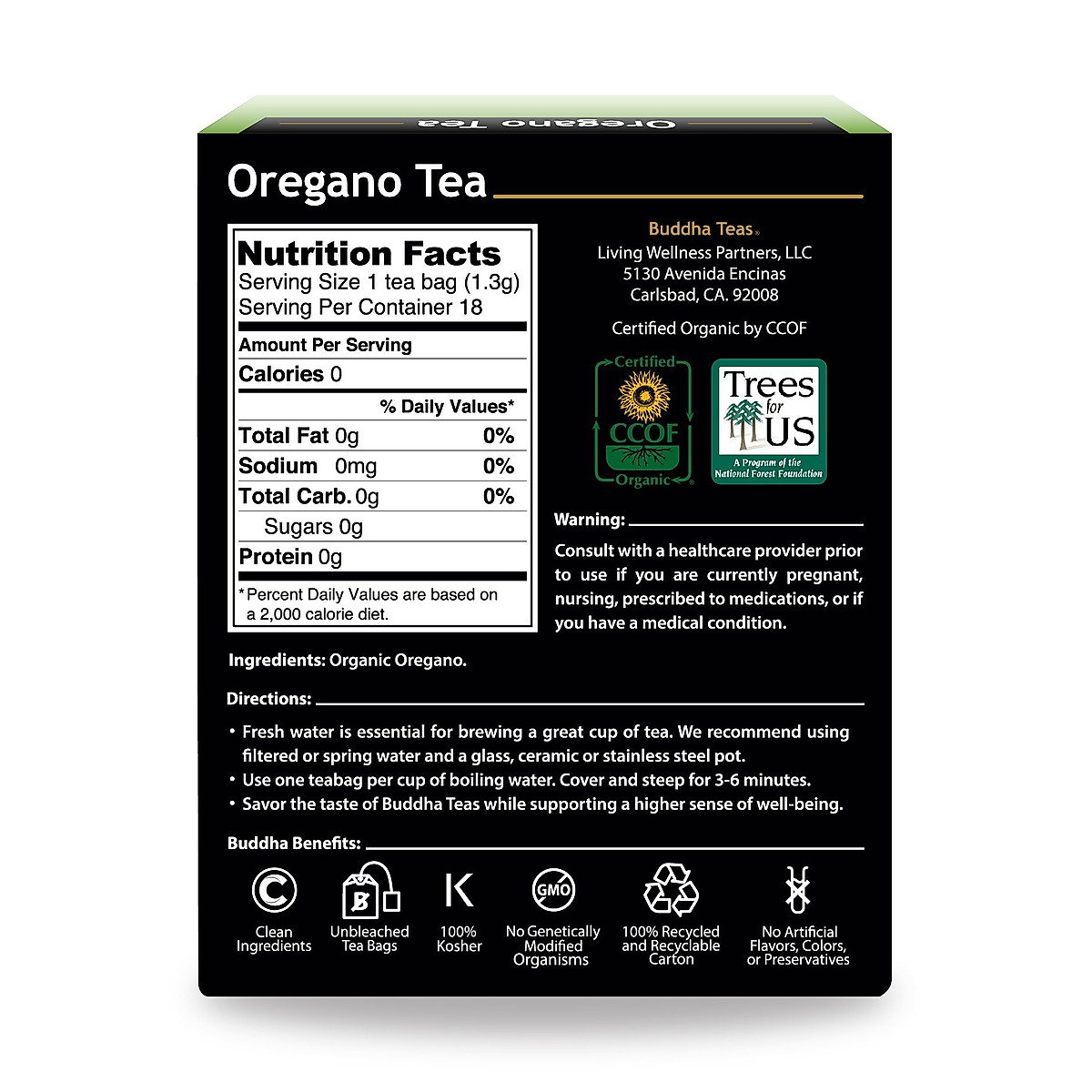 Buddha Teas Organic Oregano Tea - OU Kosher, USDA Organic, CCOF Organic, 18 Bleach-Free Tea Bags