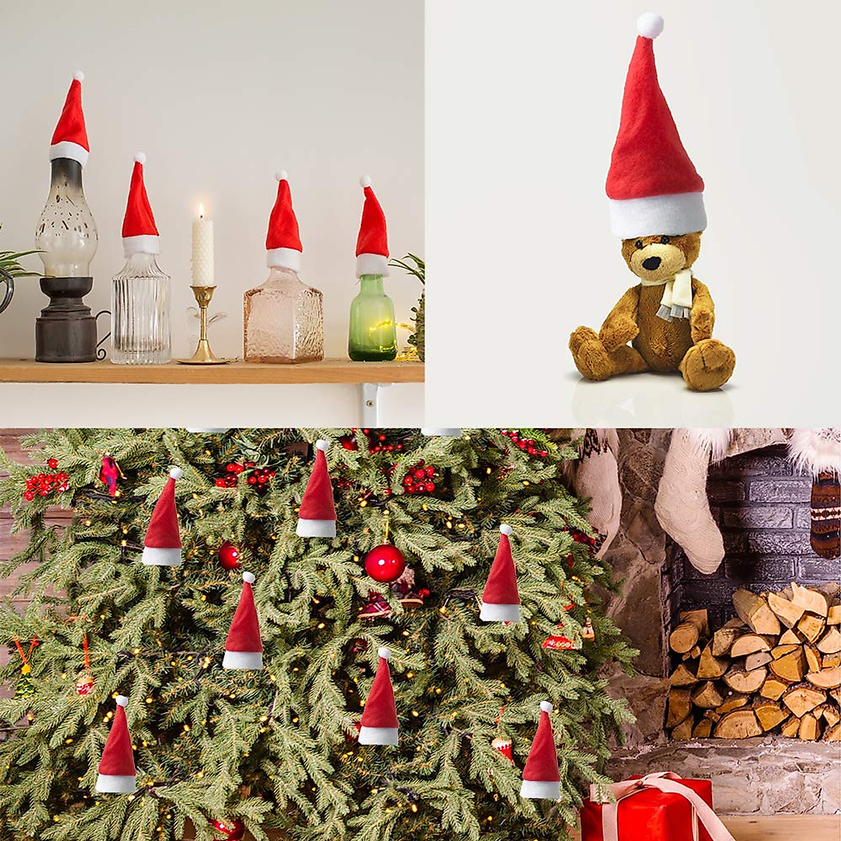 YuCool 20 Pack Christmas Santa Hats Silverware Holders, Mini Pockets Knife Spoon Fork Bags with 10 Pack Mini Christmas Scarf Wine Bottle Decorations Holiday Party Supplies Dinner Table Décor
