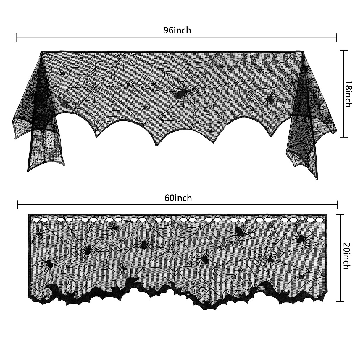5 Pack Halloween Decorations Tablecloth Set, Black Lace Table Runner Round Spider Cobweb Table Cover Fireplace Mantel Scarf Spiderweb Lampshade with 48pcs Scary 3D Bat for Halloween Party Decor