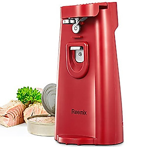 Electric Can Opener, Reemix Automatic Can Opener with Knife Sharpener and Bottle Opener 3 in 1, Easy Push Down Lever (Red)