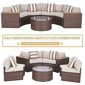 Incbruce Outdoor Half Moon Patio Furniture 5-Piece Curved Outdoor Sofa, All-Weather Outdoor Sectional Furniture Patio Conversation Sets with Round Tempered Glass Top Table(Brown Cushions)