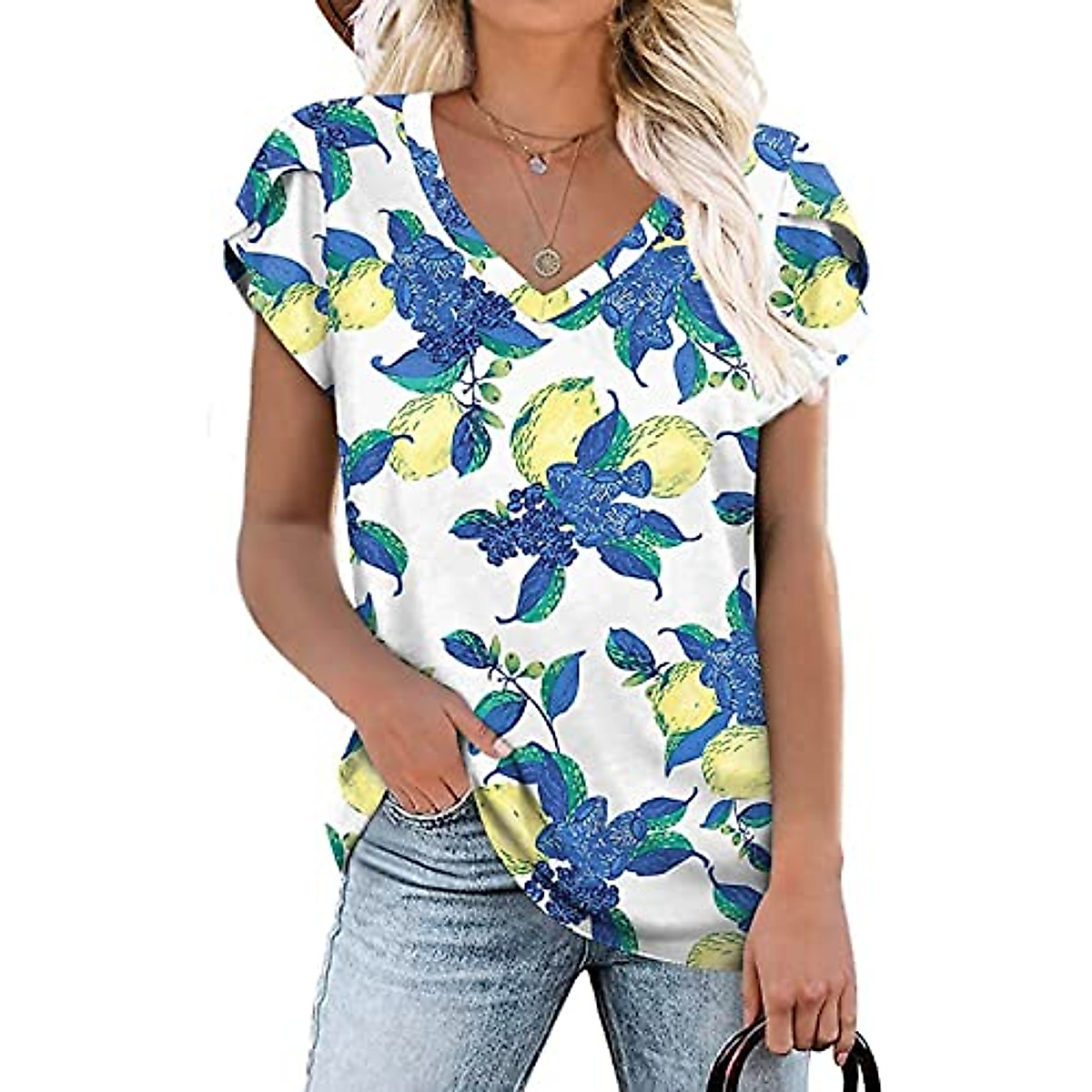 Women V Neck Printed T Shirt Casual Loose Pullover Short Sleeve Tops Cotton Blouses for Women Summer,Dressy Tops for Women Indian