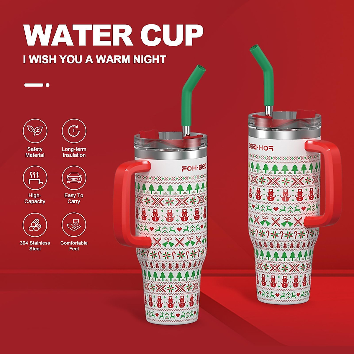FOHGEE Christmas Style 40oz Stainless Steel Tumbler with Handle - Keep Drinks Cold & Hot All Season! (Stripes)