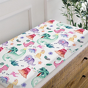 HawSkgFub Girls Dinosaur Changing Pad Cover for Baby Pink Purple, Dino Animal Tropical Diaper Change Table Covers, Ultra Soft Stretchy Breathable Safe Snug Fitted Changing Mat Sheets Fit 32"/34" x 16"