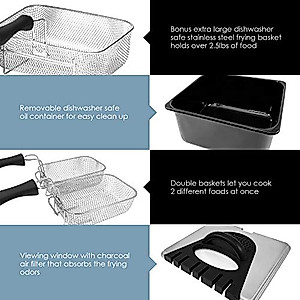 Elite Gourmet EDF-401T Electric Immersion Deep Fryer 3-Baskets, 1700-Watt, Timer Control, Adjustable Temperature, Lid with Viewing Window and Odor Free Filter, Stainless Steel and Black