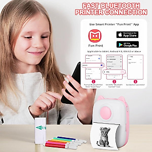 Mini Portable Printer - Pocket Thermal Printer with 13 Roll Papers, Bluetooth Wireless Smart Printer for Photos, Office Receipts,QR Codes,Labels,Notes Printing Compatible with iOS Android Phone Pink