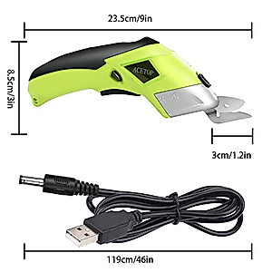 ACETOP Electric Fabric Scissors, Cordless Power Crafts Shears, Rechargeable Sewing Cutting Tool Box Cutter with 2 Blades for Leather Carpet Scrapbooking Cardboard (Green)