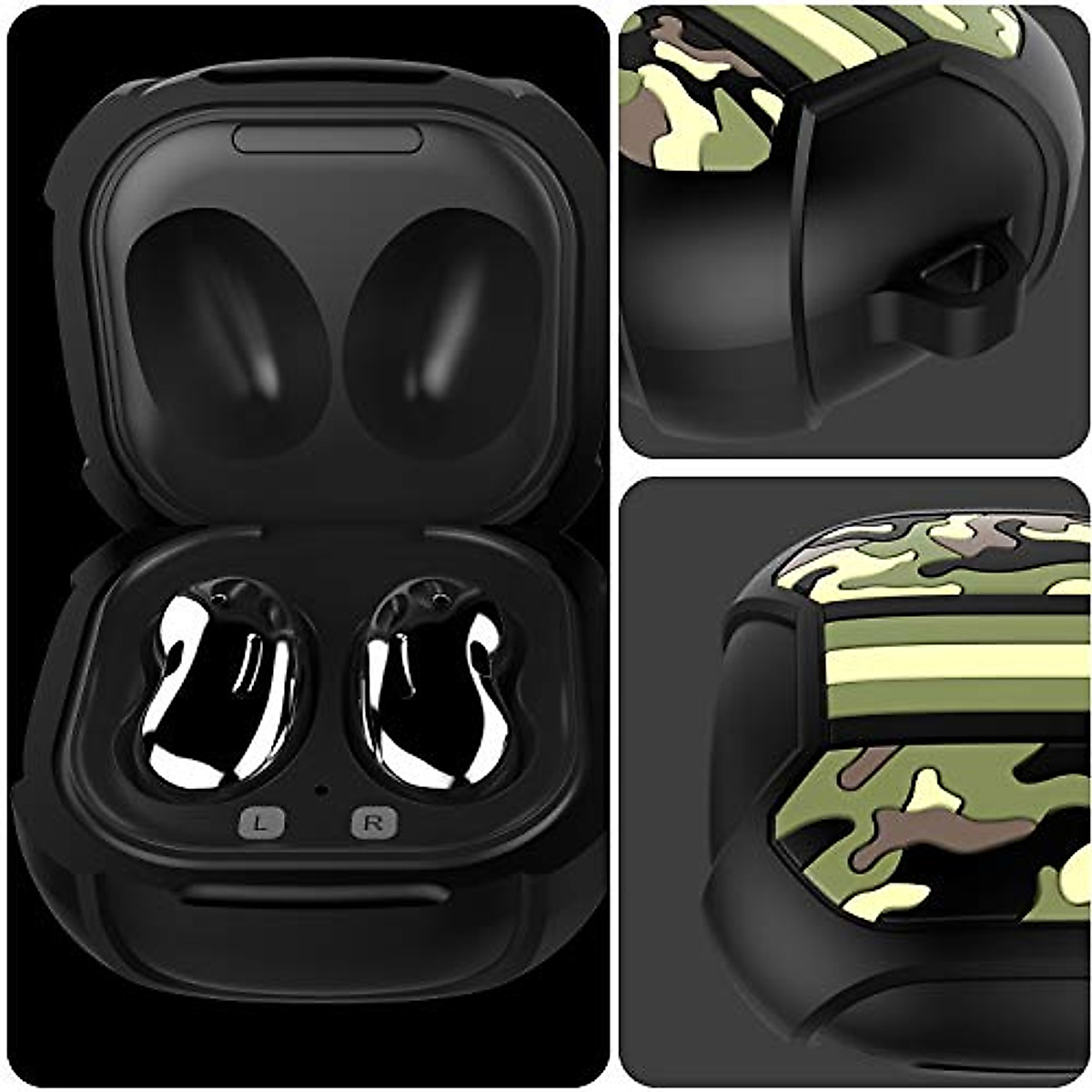 Tamiia for Samsung Galaxy Buds Pro 2 Case (2021) Samsung Galaxy Buds Pro Case (2021)/Galaxy Buds Live Case (2020)，Camo Black Soft Silicon，Night Luminous ，Comes with a Aluminum Carabiner