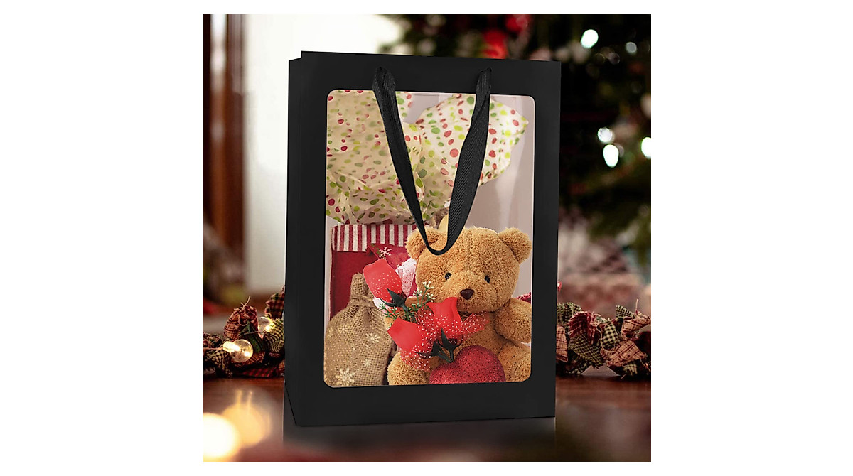 12 Pcs Black Kraft Gift Bags with Window | Durable & Stylish