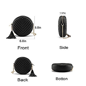 CHIC DIARY Small Crossbody Bags for Women Round Quilted Purse with Tassel Faxu Leather Shoulder bag (Black)
