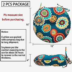 MAGPIE FABRICS Outdoor 15"x15"x4" Round Bistro Seat Cushions with Ties Set of 2, Tufted Waterproof Patio Floor Chair Pads for Home Garden Balcony Kitchen Office Porch, Heronsbill Turquoise Green