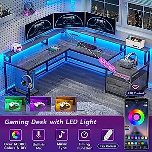 SEDETA L Shaped Desk, 66" Home Office Desk with File Drawer & Power Outlet, Gaming Desk with Led Lights, Corner Computer Desk with Monitor Shelf, Printer Storage Shelves, Two Person Desk, Grey