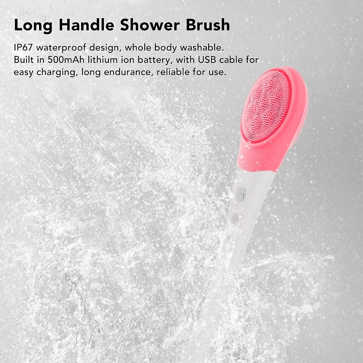 Electric Body Shower Brush, USB Rechargeable Exfoliating Shower Brush for Deep Cleaning, Waterproof Silicone Bath Shower Scrubber with Long Handle, Home Beauty Salon Massage Bath Brush Pink