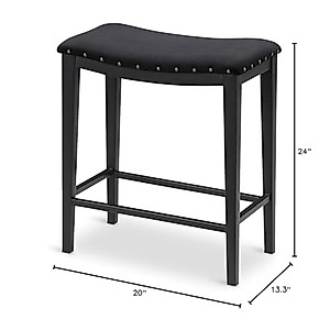 KATDANS Black Bar Stool Counter Height 24 Inches Backless Barstool for Kitchen Counter Modern Saddle Stool Velvet Nailhead Upholstered Faux Leather Stool, KS718PBK, 1Pc
