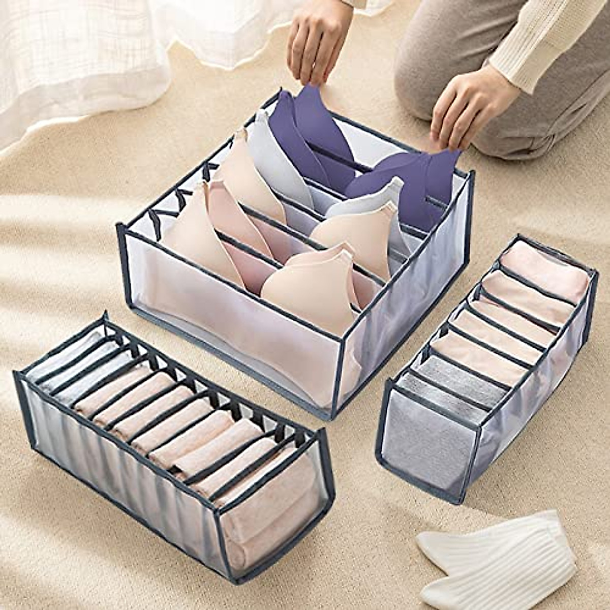 6 Pcs Clothes Organizer,Drawer Organizer Clothes,Wardrobe Drawer Organizers Clothes Closet Storage ,Foldable Mesh Separation Box for T-shirt, Socks, Legging, Scarves, Underwear (Grey, 6/7/11 Grids)