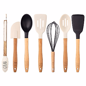 Rae Dunn Everyday Collection 7 Piece Kitchen Utensil Set-Stainless Steel and Silicone Kitchen Tools with Wooden Handles- (Black and White)
