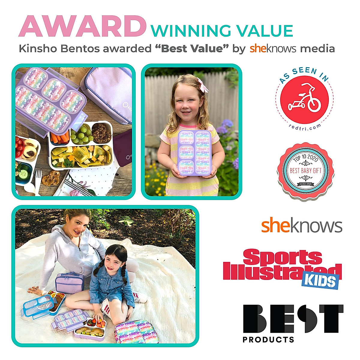 Unicorn Bento Lunch Box for Girls, Kids | Snack Containers with 4 Compartment Dividers, Boxes for Toddlers Pre-School Daycare Tween Lunches BPA Free, Food and Microwave Safe | Purple Rainbow Unicornio