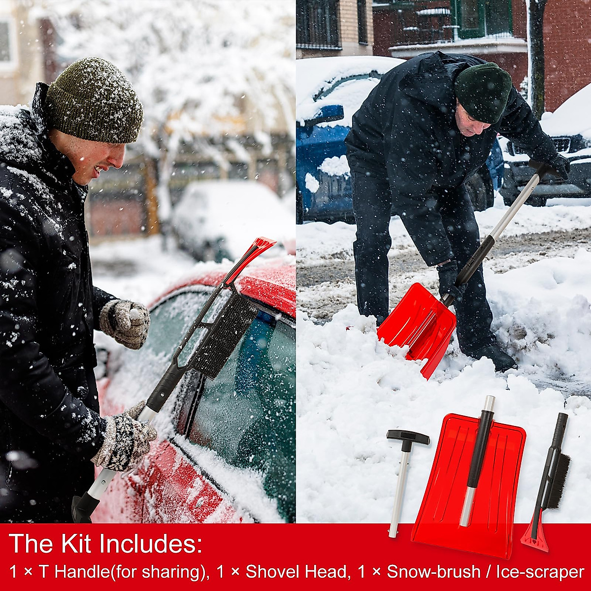 SnowPro 3-in-1 Snow Shovel for Car, Fast Folding and Telescoping Design for Emergency Snow Removal - Compact Snow Shovel with Gloves, Snow Brush & Ice Scraper - Collapsible and Portable Utility Shovel