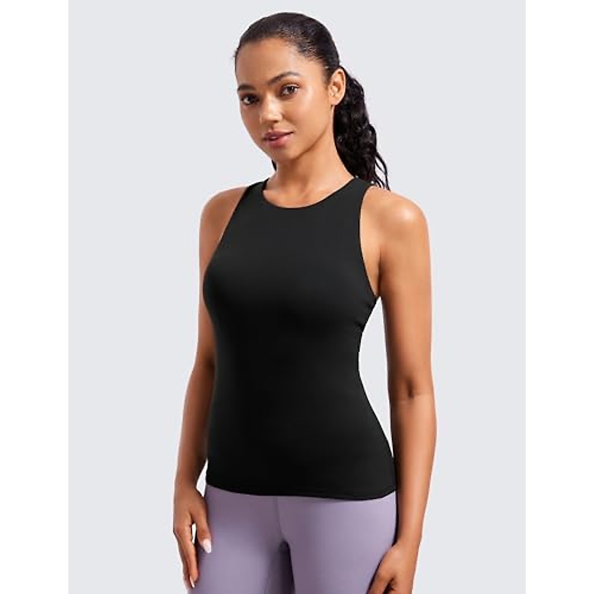 CRZ YOGA Butterluxe Womens Racerback Workout Tank Top with Built in Shelf Bra - Padded High Neck Yoga Athletic Camisole Black Small