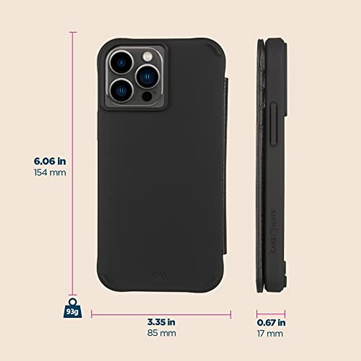 Case-Mate Wallet Folio iPhone 13 Pro Case - Black [10FT Drop Protection] [Compatible with MagSafe] Flip Folio Shockproof Cover Made with Genuine Pebbled Leather, Landscape Stand, Cash & Card Holder