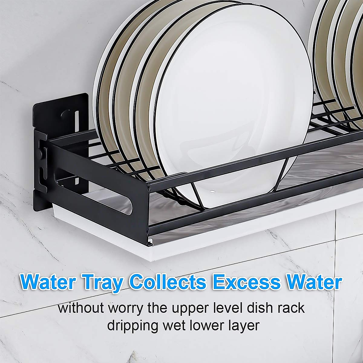 Dish Drying Rack, Detachable 304 Stainless Steel Wall Mount Dish Rack and drainboard Set,2 Tier Hanging Dish Rack with 6 Hooks and 1 Utensil Caddy(Black)