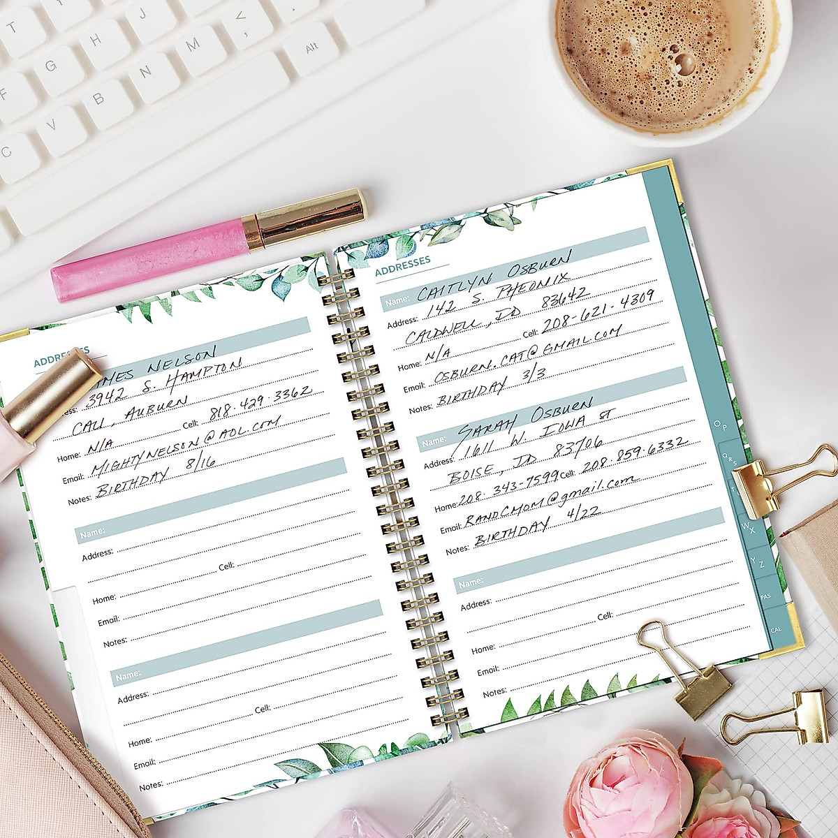 Simplified Greenery Address and Password Book with Alphabetical Tabs - The Perfect Spiral Bound Address Organizer incl. Address Labels, Contact and Phone Section