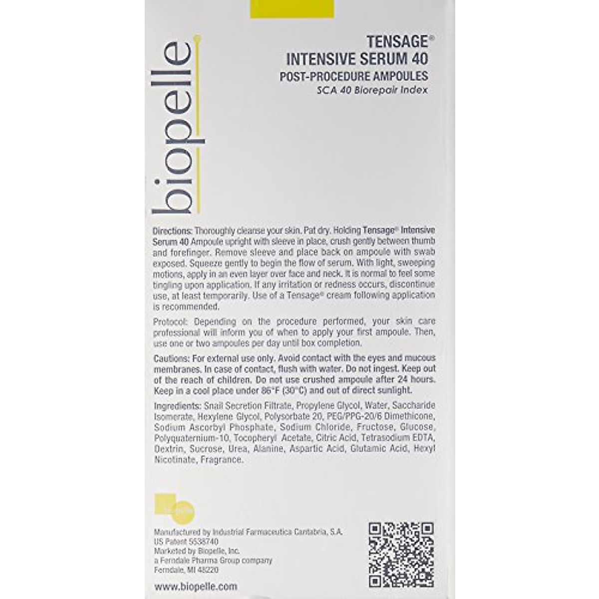 Biopelle Tensage Growth Factor Intensive Serum 40 Post-Procedure or Intensive Boost Ampoules with SCA 40 Biorepair Index, 10 Count